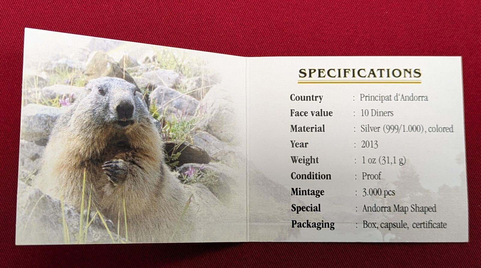 10 Diner Silbermünze - Umkarton leicht beschädigt 2013 Marmot - Andorra ...