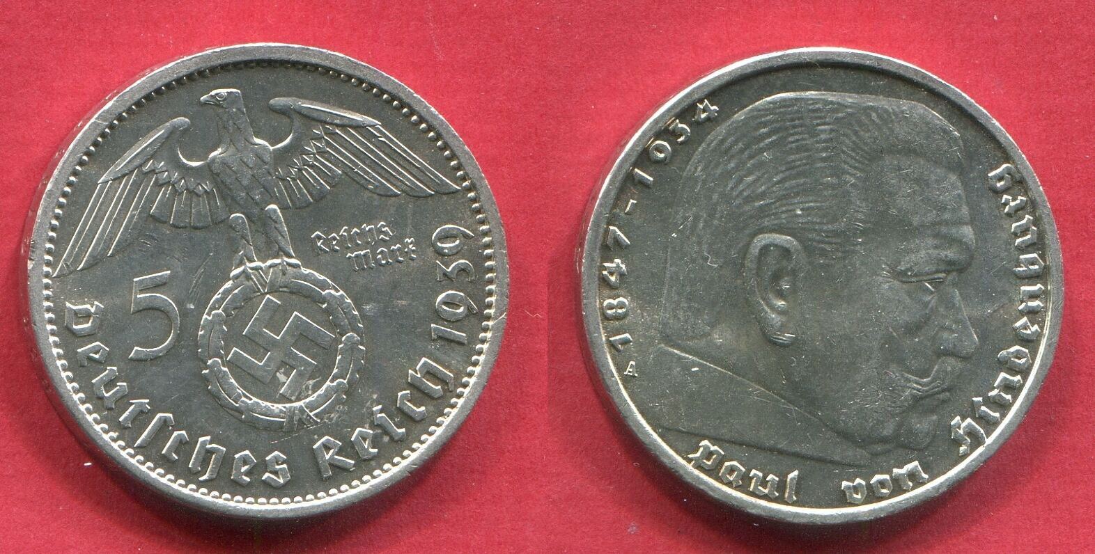 Germany Deutschland 1933-1945 5 Mark Reichsmark 1939 A Hindenburg mit ...