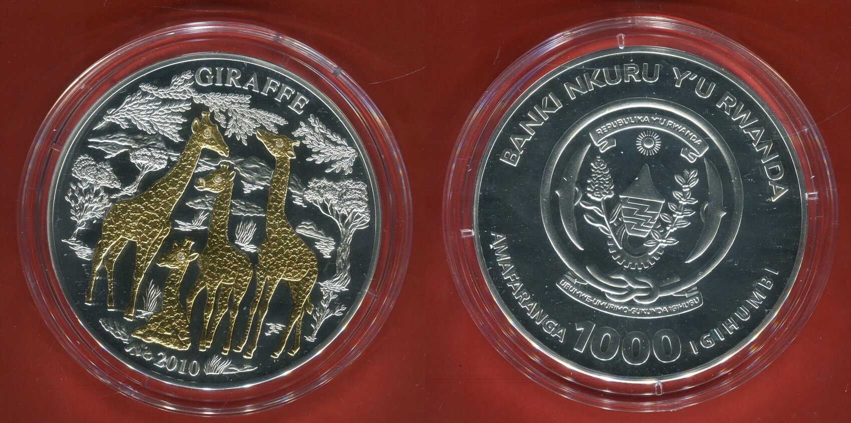 Ruanda 1000 Francs Silbermünze mit Goldapplikation 2011 Giraffe - PP ...