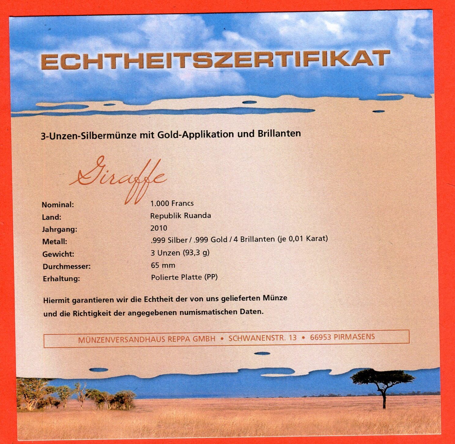 Ruanda 1000 Francs Silbermünze mit Goldapplikation 2011 Giraffe - PP ...