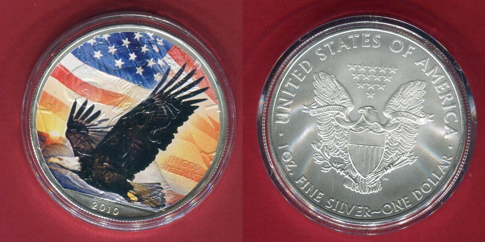 USA 1 Dollar Silver Eagle Farbmünze 2010 Flying Eagle colorated coin ...