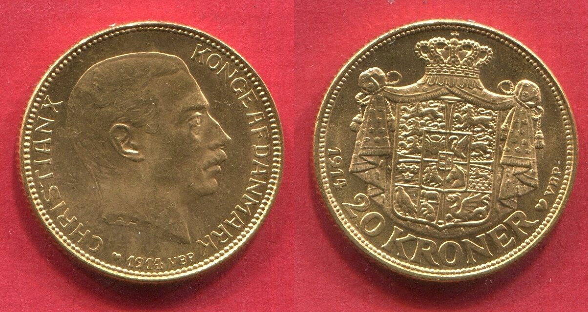 Dänemark 20 Kronen Kroner Goldmünze 1914 VBP Kursmünze Christian X. USA ...
