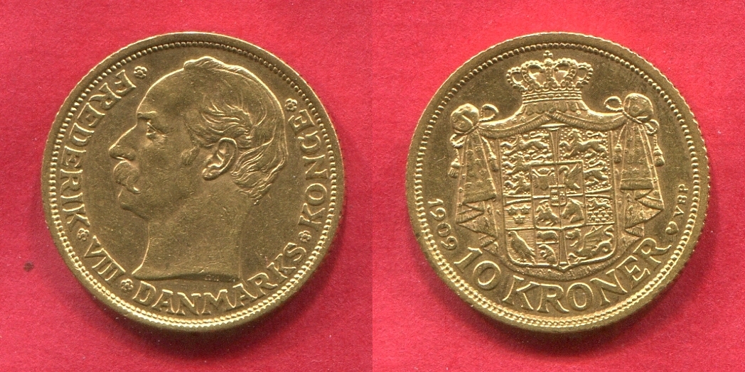 Dänemark Denmark 10 Kroner, Kronen Gold 1909 VBP GJ Frederik VIII ...