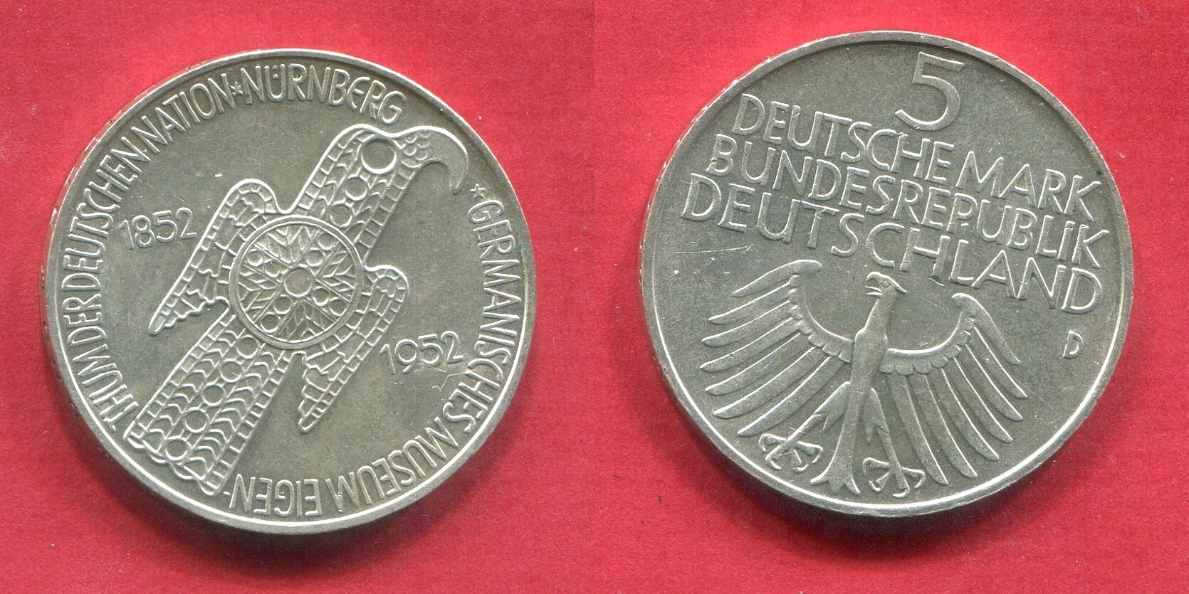 Bundesrepublik Deutschland, Germany FRG 5 DM Gedenkmünze Silber 1952 -D- Germanisches Museum in ...