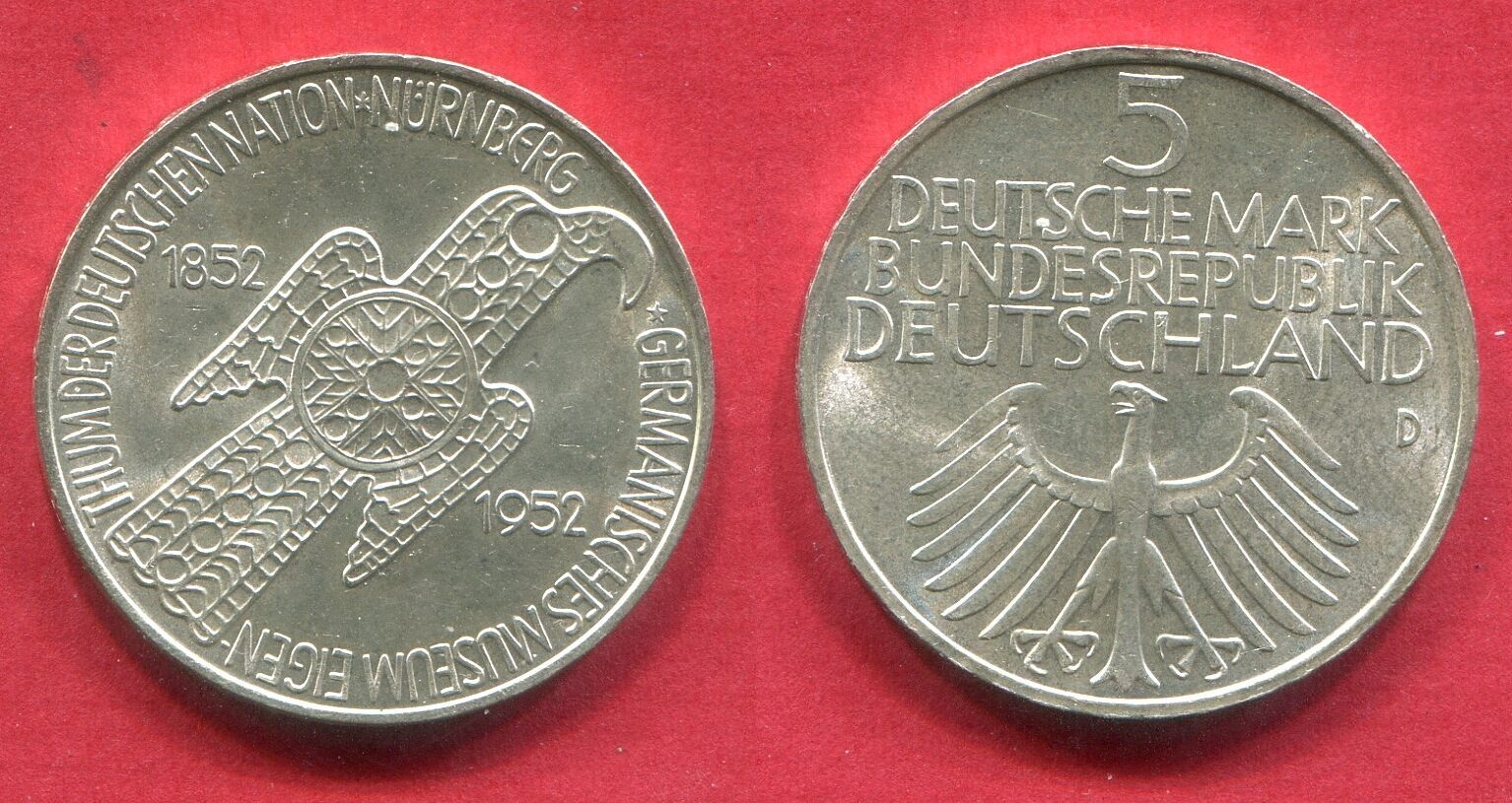 Bundesrepublik Deutschland, Germany FRG 5 DM Gedenkmünze Silber 1952 -D- Germanisches Museum in ...