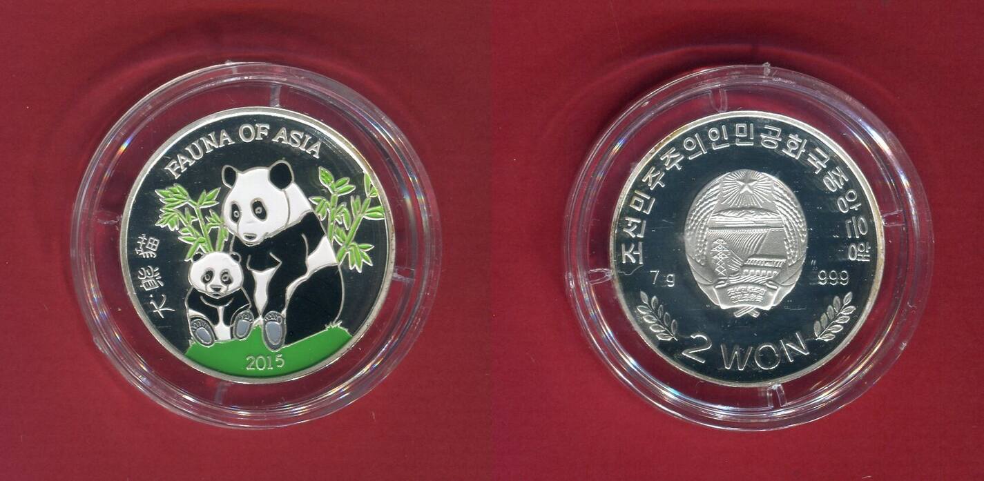 Nordkorea 2 Won Silbermünze mit Farbauflage 2015 Pandas - Fauna of Asia ...