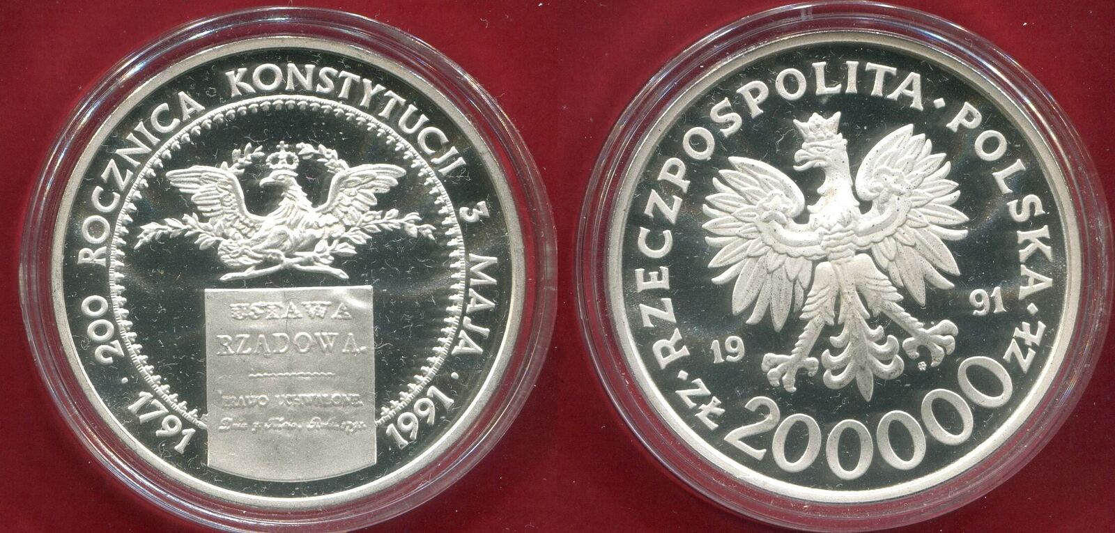 Polen, Poland, Polska 200000 Zloty Silber Gedenkmünze 1991 200th Anniversary of the Constitution ...