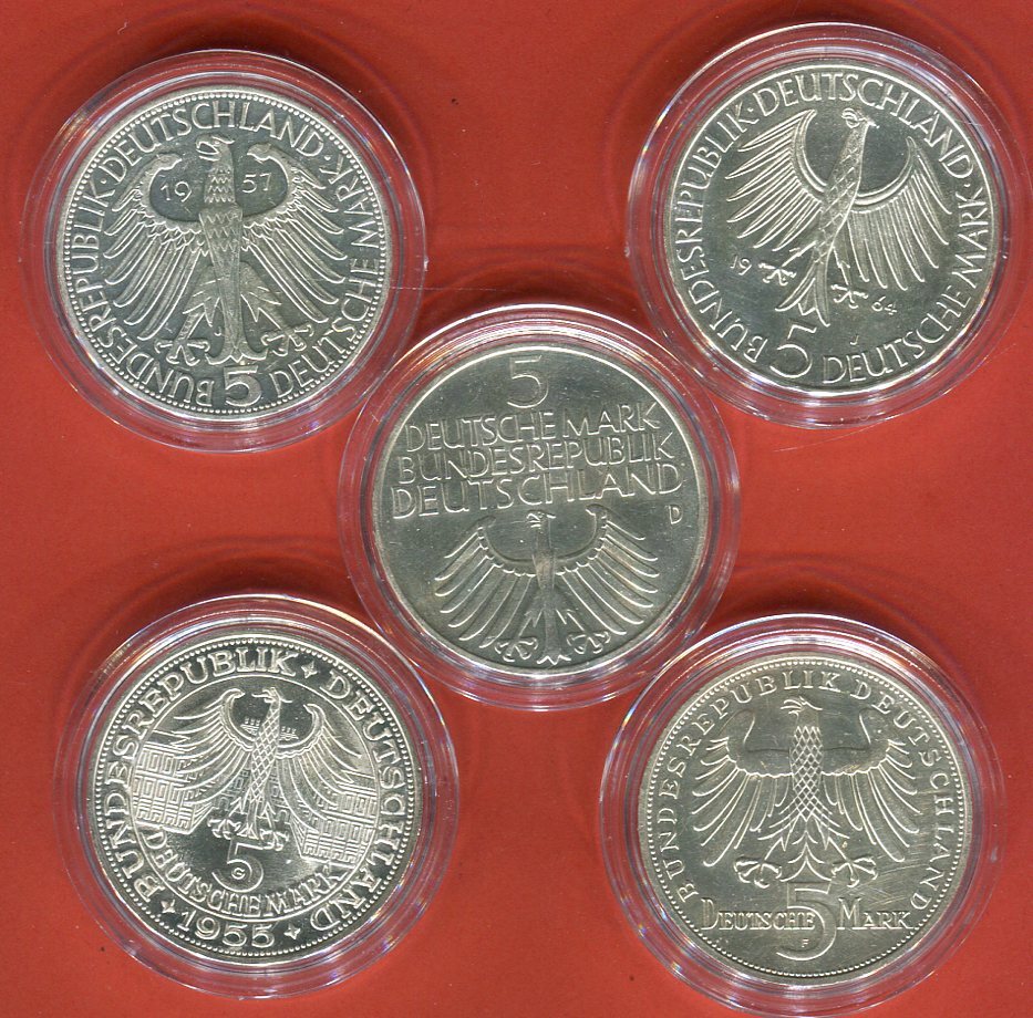 Bundesrepublik Deutschland Western Germany 5 x 5 DM Mark Gedenkmünzen ...