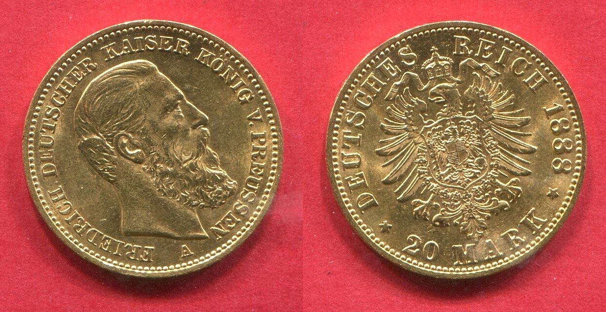 Preußen, Purssia German Empire 20 Mark Gold 1888 Kaiser Friedrich III ...