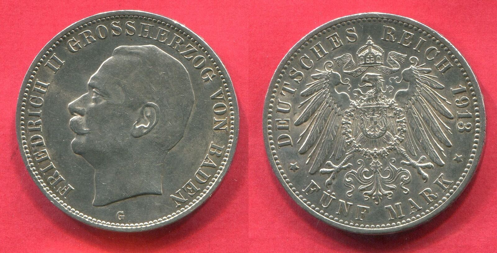 Germany Deutschland Baden Kaiserreich 5 Mark Silber 1913 Frederick II ...