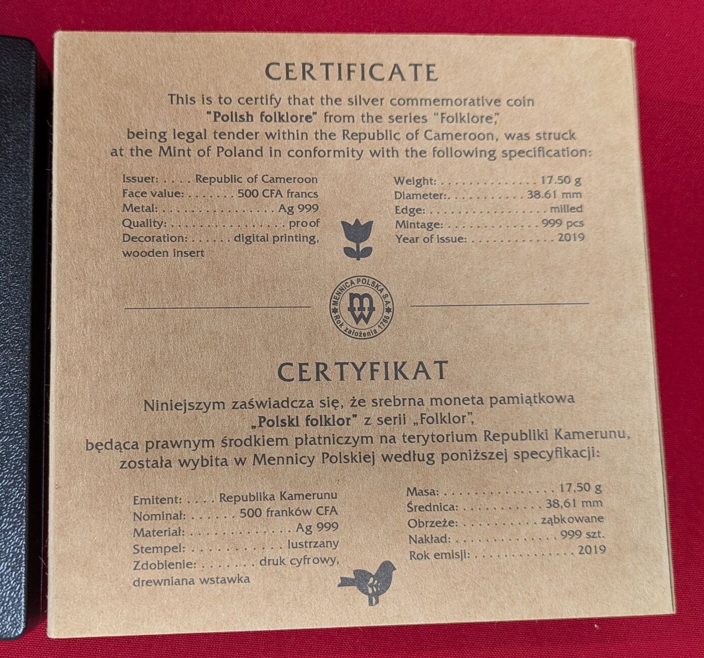 Kamerun 500 Francs CFA 2019 Polish Folklore - Polnische Folklore - Hahn- Hähne - Rooster Proof ...