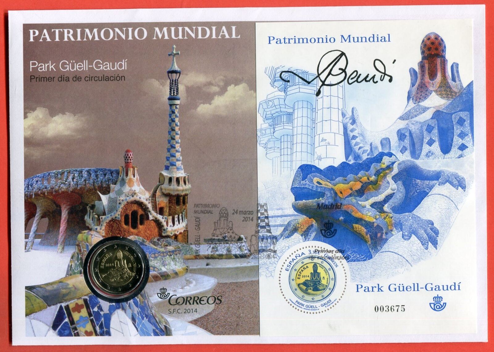 Spanien 2 Euro Gedenkmünze & 3,16 Euro Briefmarke 2014 Park Güell-Gaudí ...