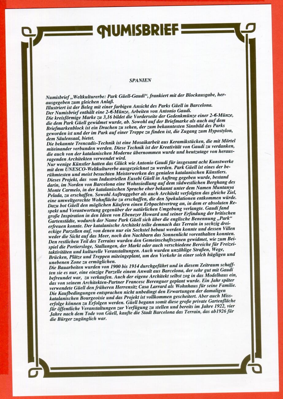 Spanien 2 Euro Gedenkmünze & 3,16 Euro Briefmarke 2014 Park Güell-Gaudí ...