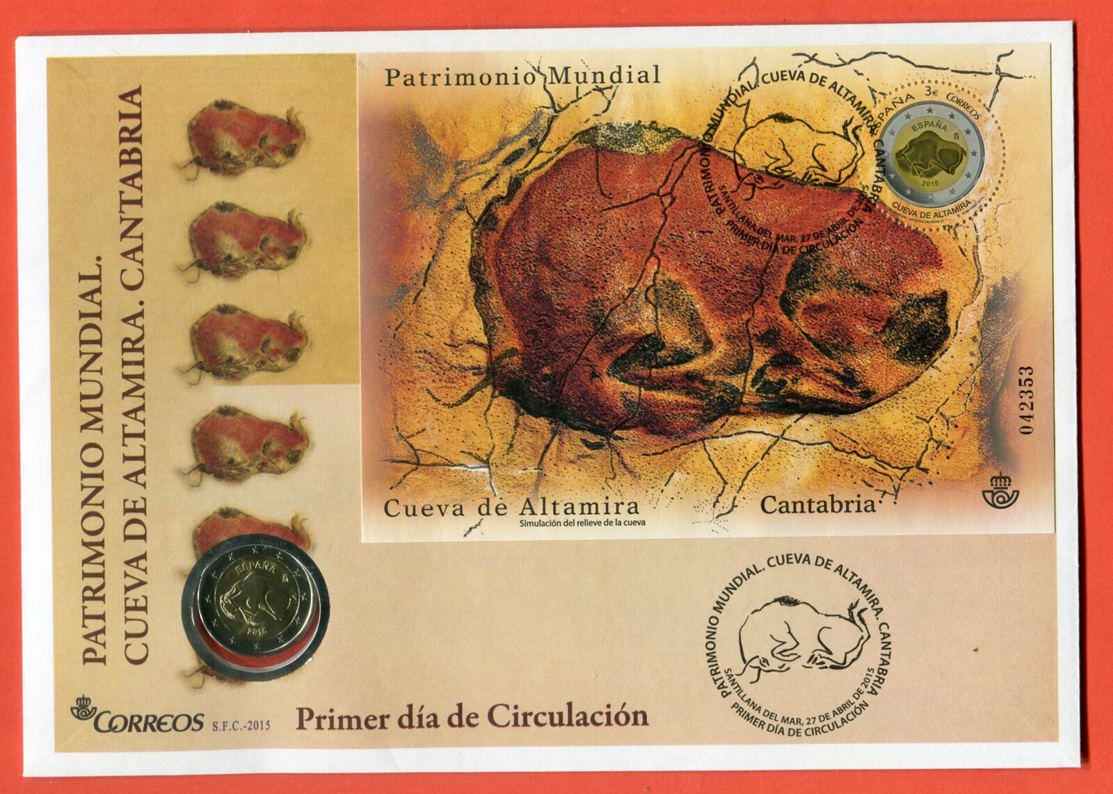 Spanien 2 Euro Münze & 3 Euro Briefmarke 2015 Cueva de Altamira ...