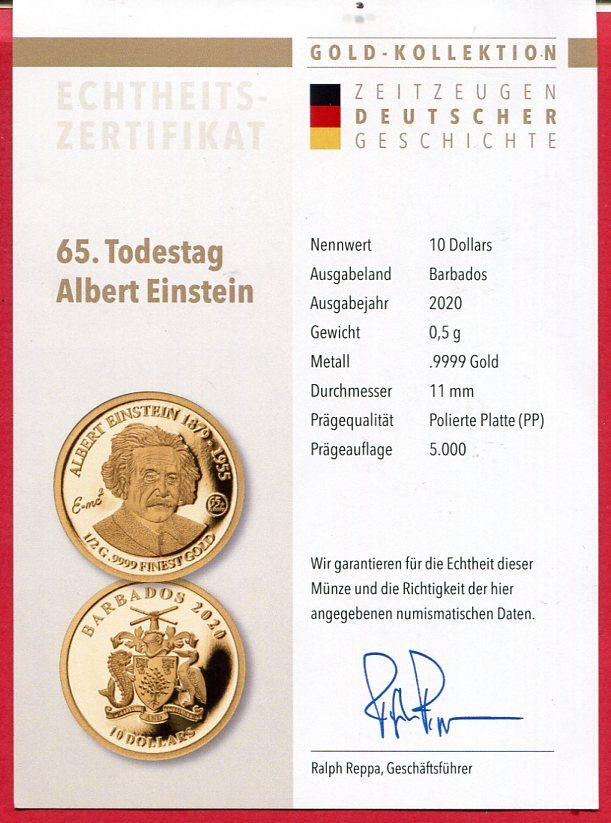 Barbados 10 Dollars Gold 2020 65. Todestag Albert Einstein proof in ...