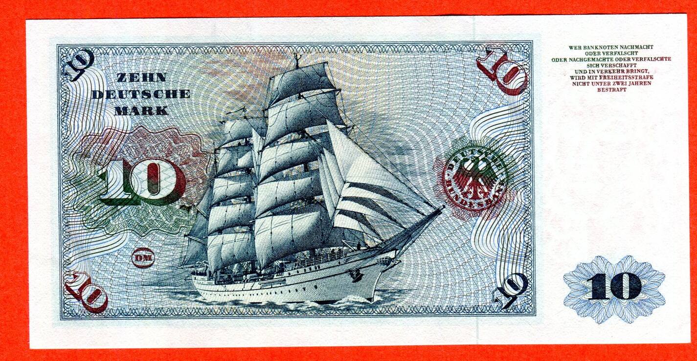 BRD, Deutsche Bundesbank 10 DM Deutsche Mark Banknote 1970 Segelschiff ...