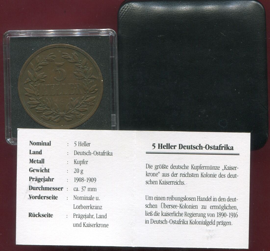 Deutsch Ostafrika German Colonial Money 5 Heller 1909 J Auswärtiges Amt ...