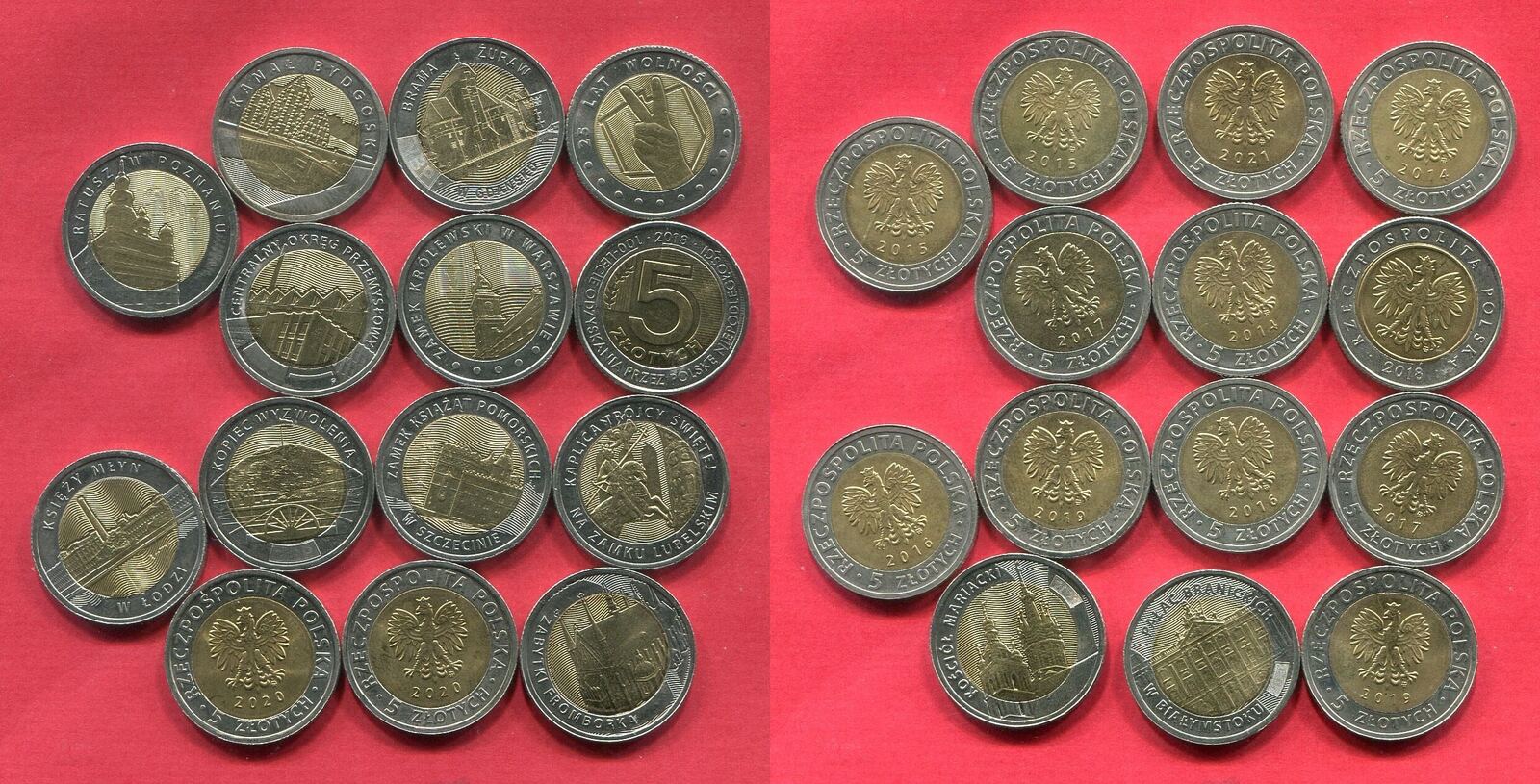Polen Poland 5 Zloty Zlotys 14 x Lot Bimetall 2014 ff Verschiedene ...