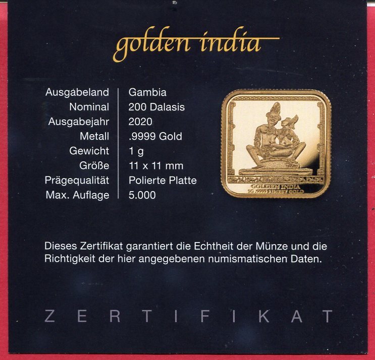 Gambia 200 Dalasis Gold 2020 Golden India - Serie proof in capsule with ...