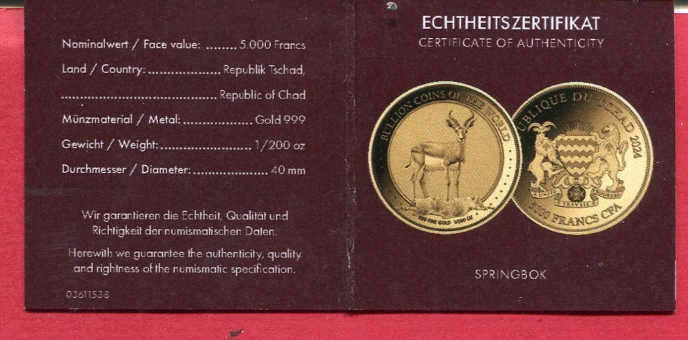 Tschad 5000 Francs CFA Gold 2024 Bullion Coins of the World ...