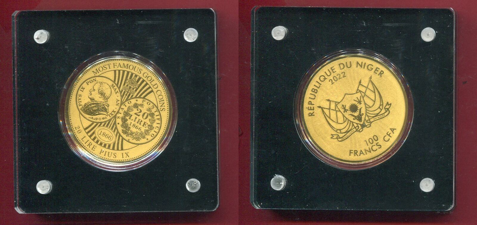 Republique du Niger 100 Francs CFA Gold 1/200 Unze 2022 20 Lire Pius IX ...