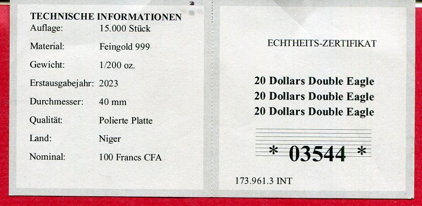 Republique du Niger 100 Francs CFA Gold 1/200 Unze 2023 20 Dollars ...