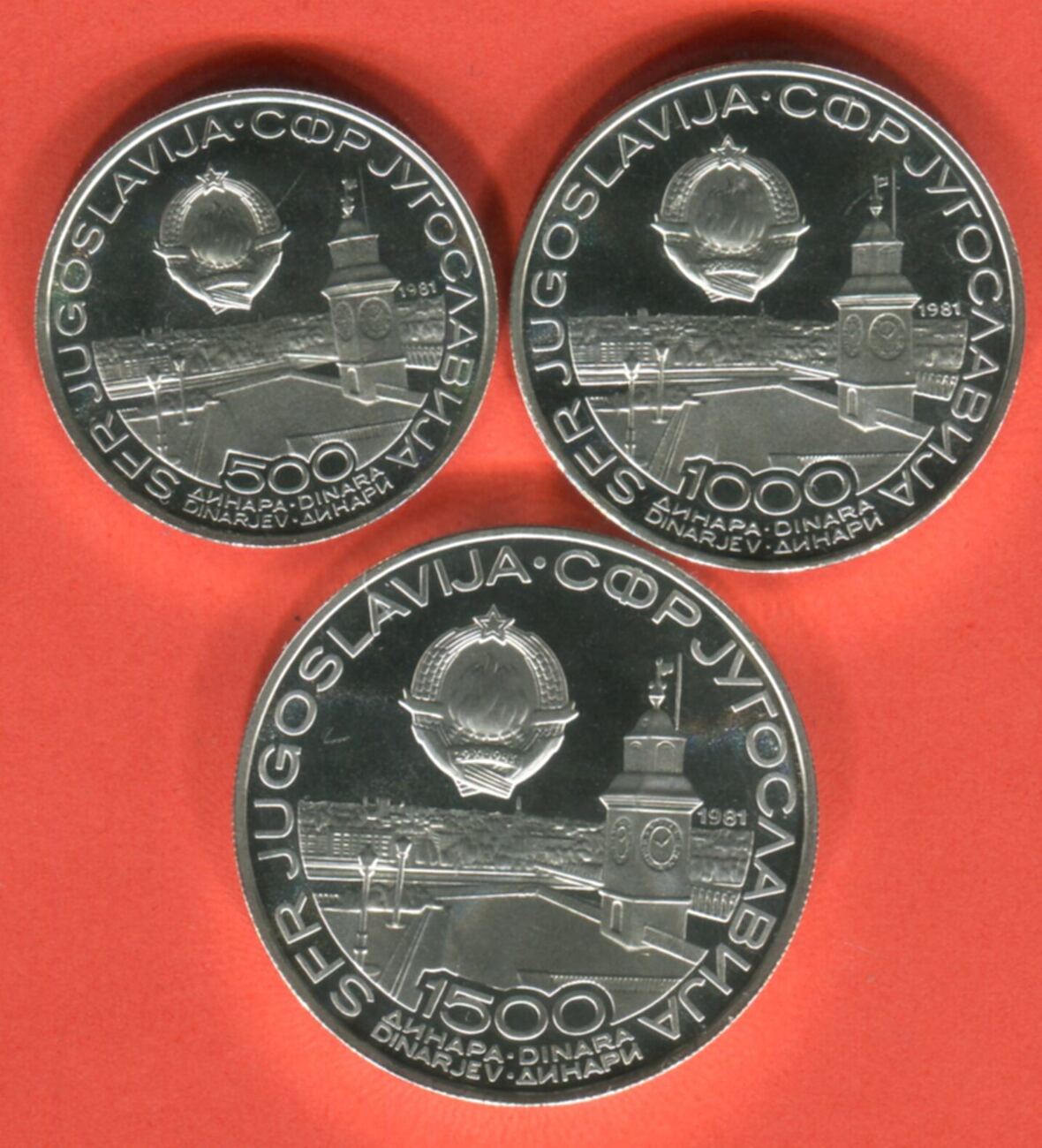 Jugoslawien Yugoslavia 500, 1000 & 1500 Dinar Silber 1981 SPENS Proof ...