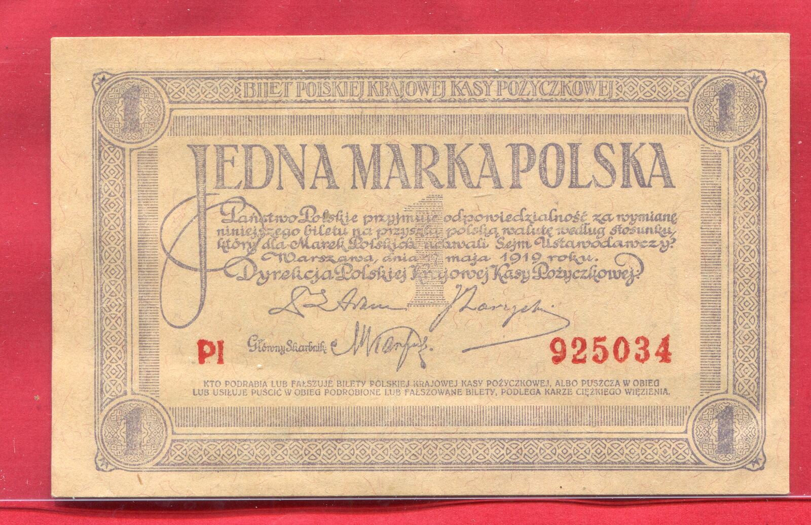 Poland Polen 1 Mark Jedna Marka Polske 1919 Ohne Komma nach dritter ...