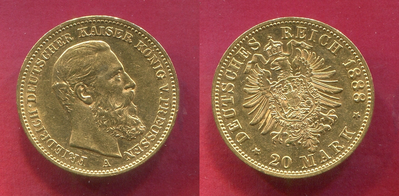 Preußen, Purssia German Empire 20 Mark Gold 1888 Kaiser Friedrich III ...