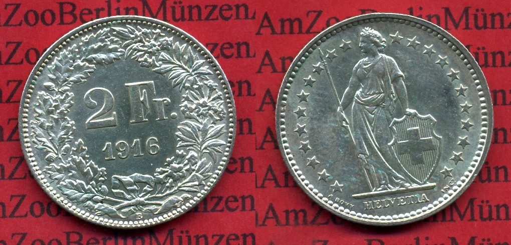 Schweiz, Switzerland 2 Franken Kursmünze Silber Switzerland 2 Francs 1916, standing Helvetia ...