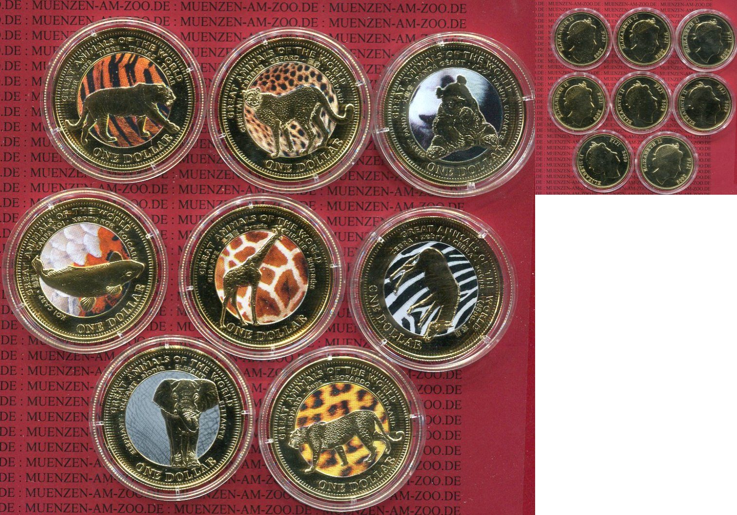 Fiji, Tiermotive, Elefant, Panda, Tiger 8 x 1 Dollar Rhodium Tiermotive ...