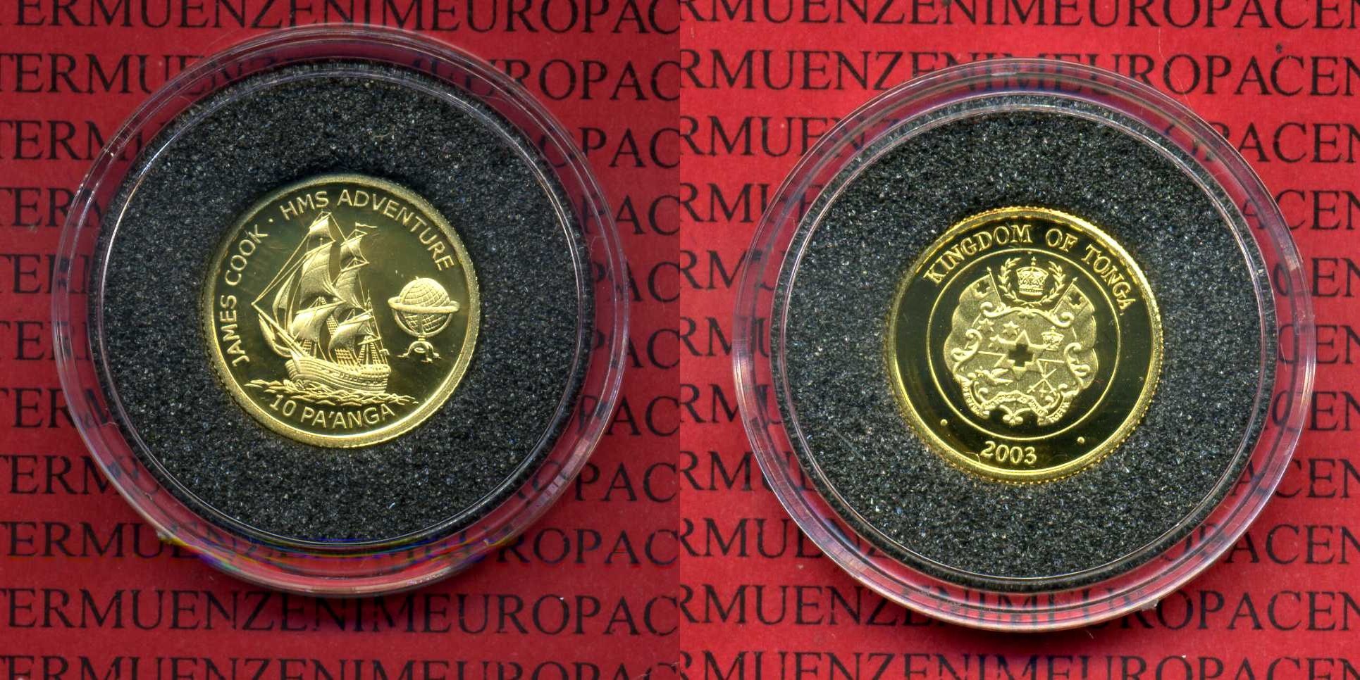 Tonga 10 Pa´anga 1/25 Unze Gold 2003 James Cook Schiff HMS Adventure ...
