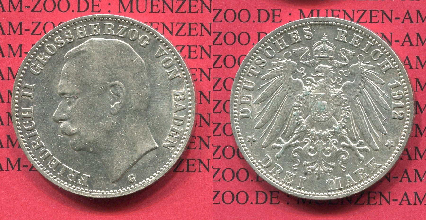 3 Mark Silber Kursmünze Baden 3 Mark 1912, Kursmünze Großherzog Friedrich II., J. 39 xf | MA-Shops