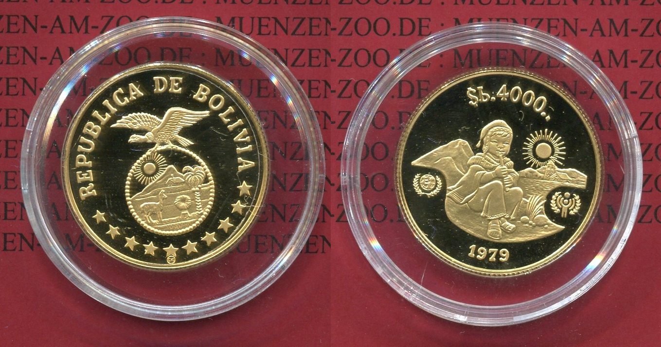 4000 Pesos Goldmünze Bolivien 4000 Pesos 1979 Jahr des Kindes Year of ...