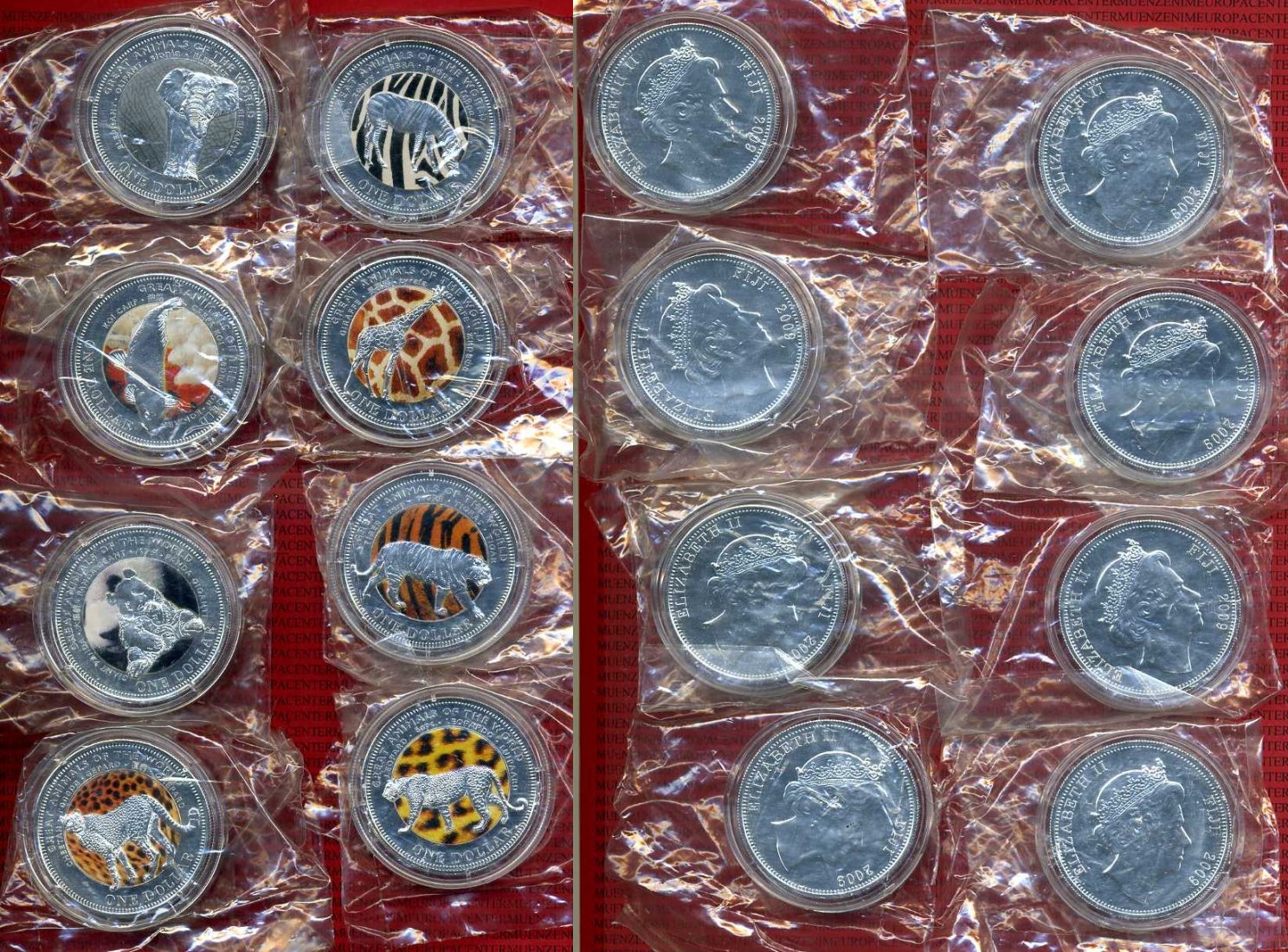 Fiji Fidschi Tiermotive, Elefant, Panda, Tiger 8 x 1 Dollar Farbmünzen ...