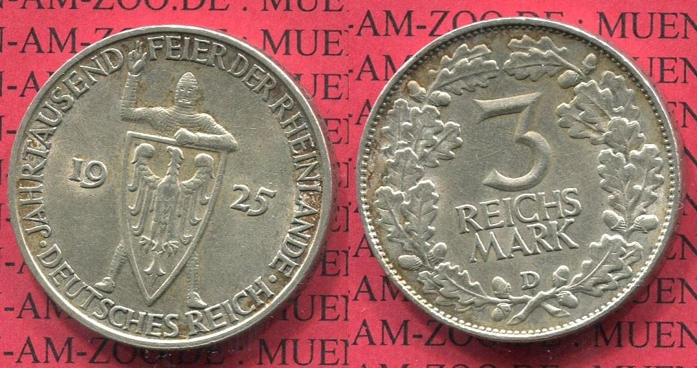Weimarer Republik 3 Mark Silber Gedenkmünze 1925 D 3 Mark Weimer ...