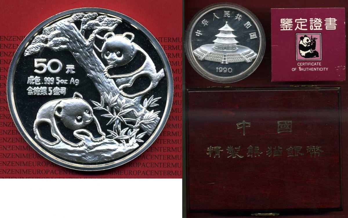 China Volksrepublik PRC 50 Yuan Silbermünze 1990 Panda - 5 Unzen Silber ...
