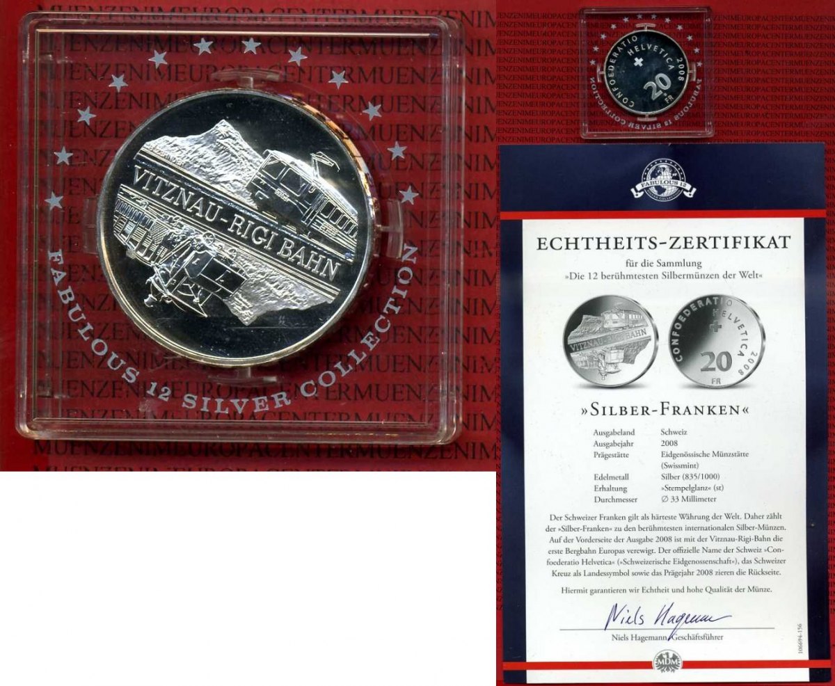 Schweiz, Switzerland 20 Franken Silber Schweiz 20 Franken 2008 Vitznau - Rigi Bahn, Eisenbahn ...