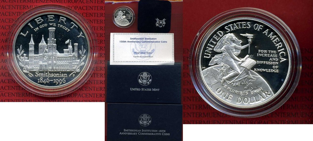 USA 1 Dollar Silber 1996 Smithsonian Institution 150th Anniversary ...