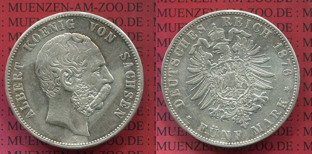 Sachsen, German Empire State of Saxonia 1876 Sachsen 5 Mark 1875, König ...