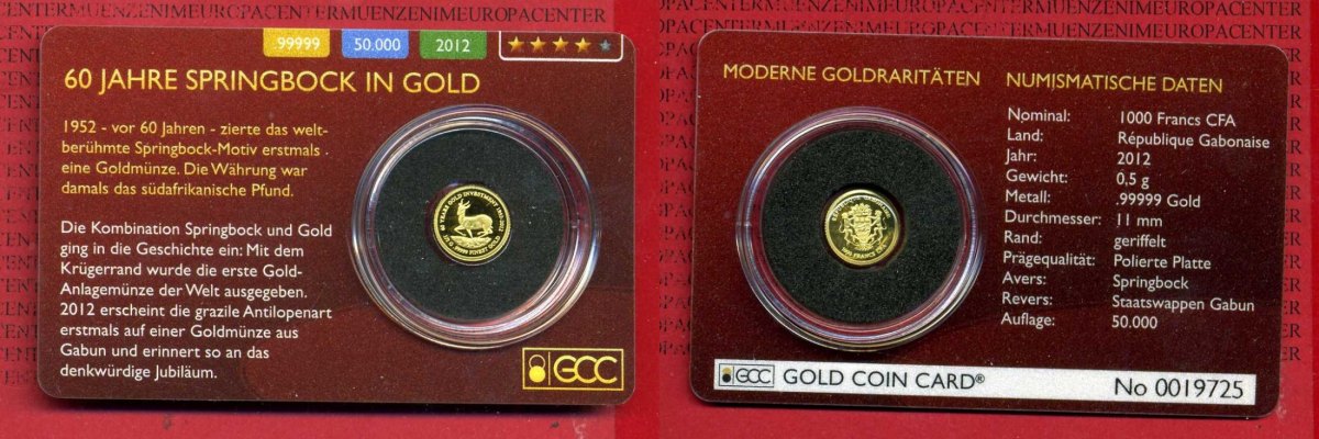 Gabun, République Gabonaise 1000 Francs CFA Minigoldmünze 2012 60 Jahre ...