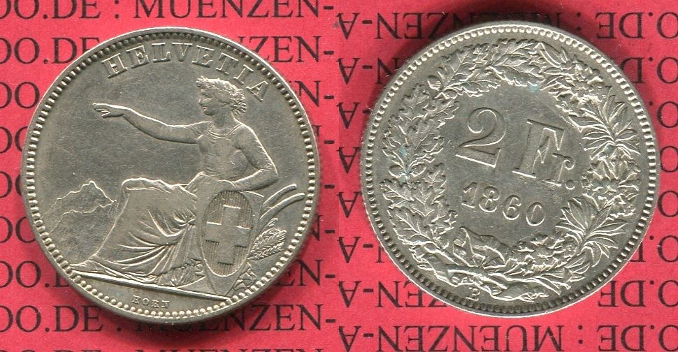 Schweiz, Switzerland 2 Franken Silber Kursmünze Schweiz 2 Franken 1860 B Silber, Sitzende ...