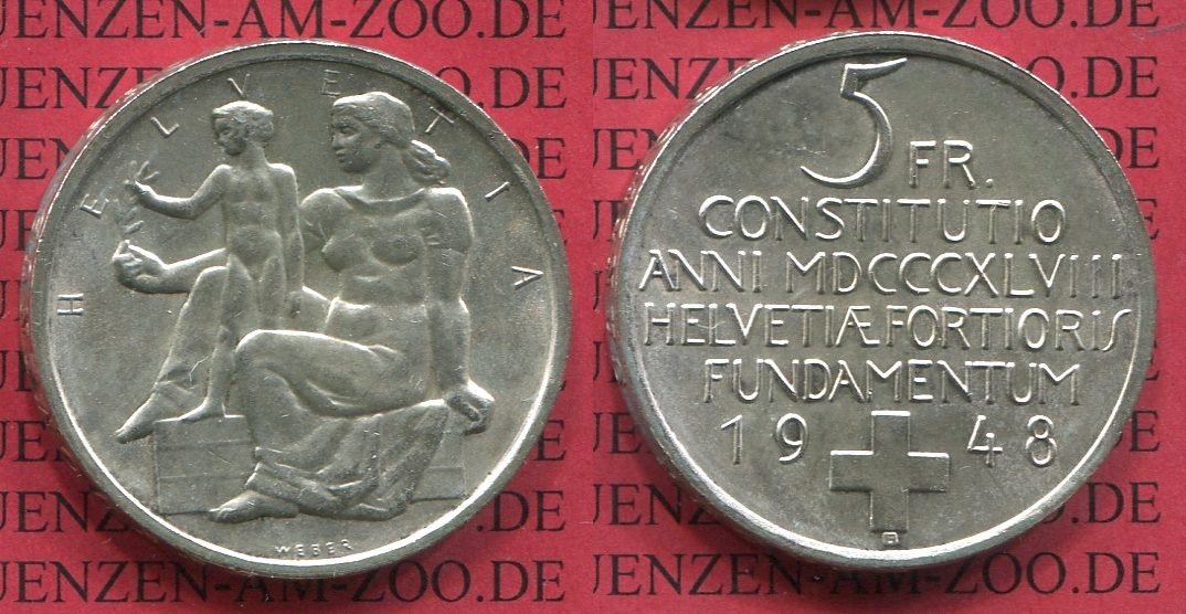 Schweiz Eidgenossenschaft 5 Franken Gedenkmünze Schweiz 5 Franken 1948 100 Jahre ...