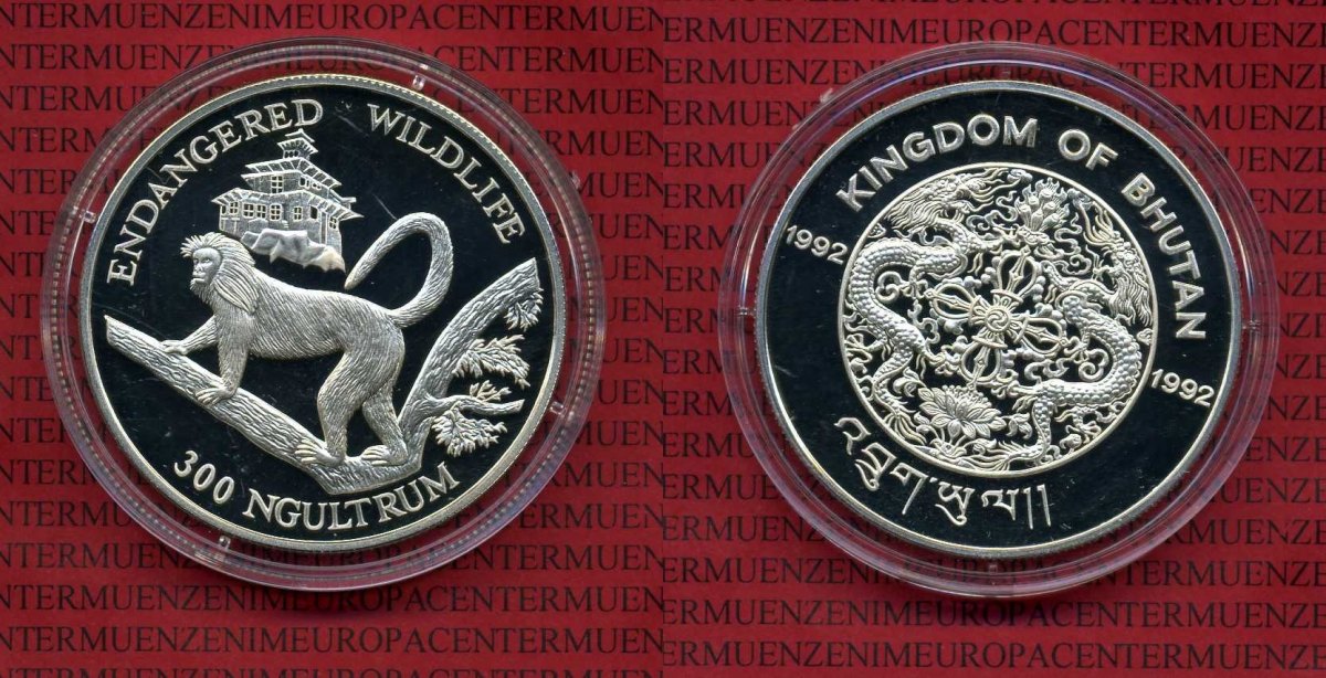 300 Ngultrum silber Bhutan 300 Ngultrum 1992 Endangered Wildlife Affe ...