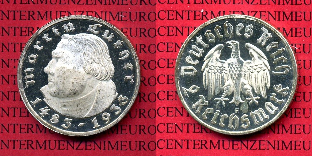 III. Reich 2 Mark 1933 F Geburtstag von Martin Luther PP Proof min ...