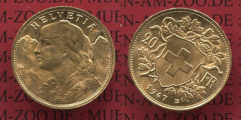 Schweiz, Switzerland 20 Franken Vreneli Gold Schweiz 20 Franken 1947 B Vreneli, Gold USA MS 63 ...