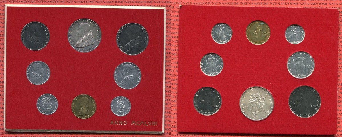 Vatikan Kursmünzensatz 1958 1 Lire bis 500 Lire MCMLVIII unc coinset ...
