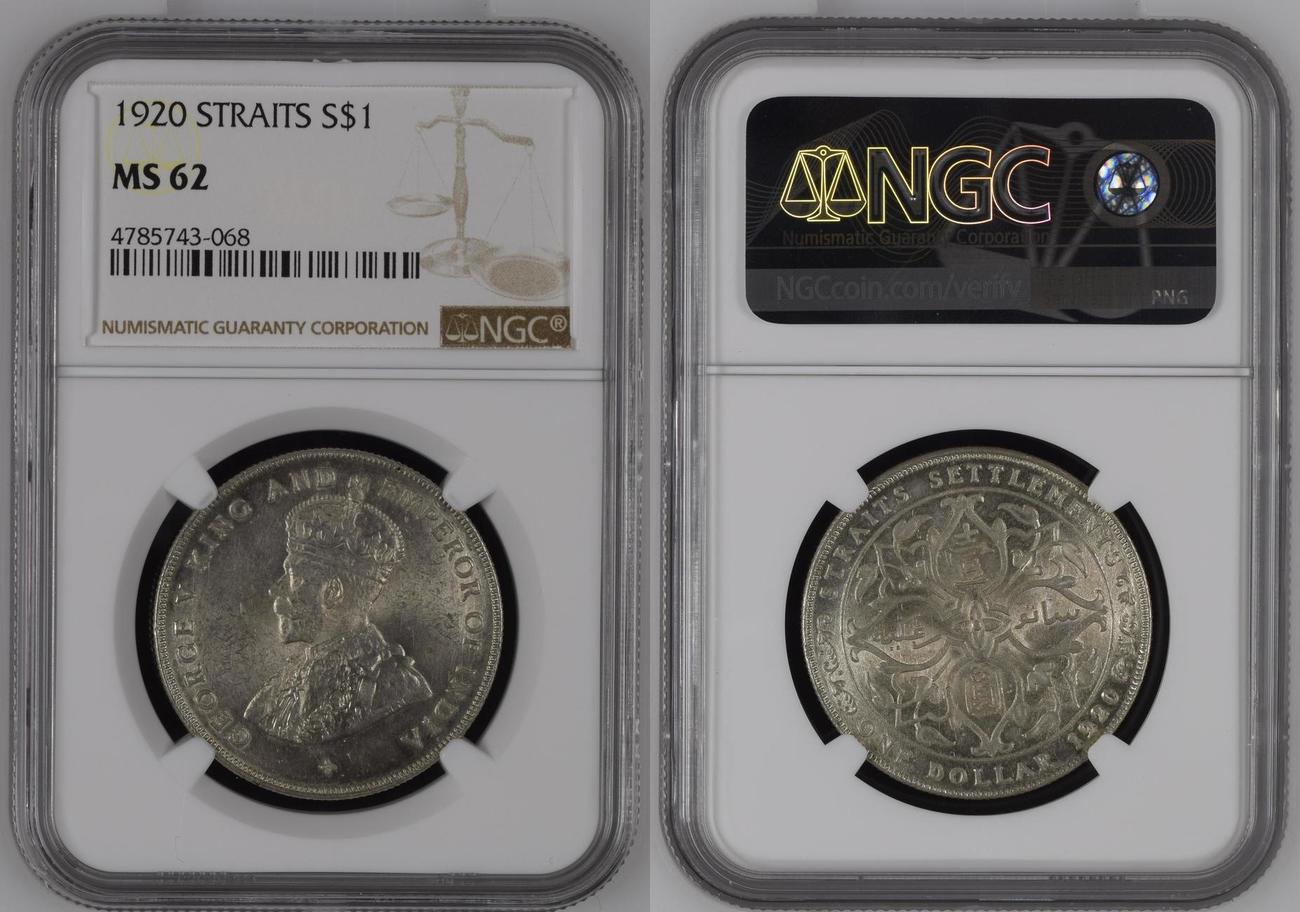 Malaysia British Straits Settlements S$1 Dollar 1920 Silberdollar Straits Settlements NGC MS 62 ...