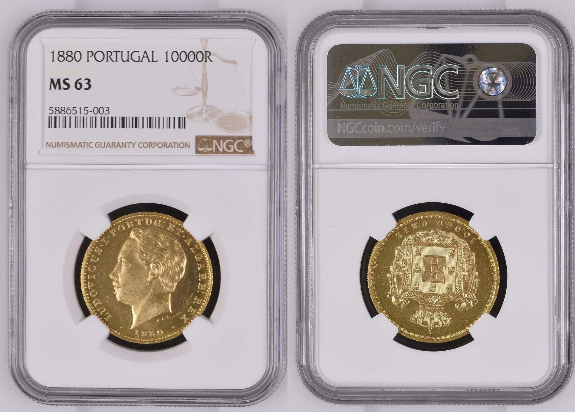 PORTUGAL 10000 Reis Gold 1880 Ludwig I. NGC MS 63 | MA-Shops