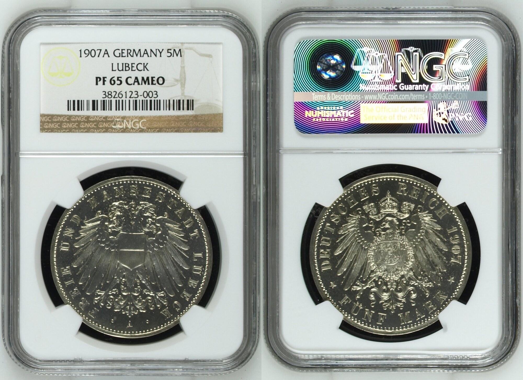 Lübeck Kaiserreich Germany Deutschland 5 Mark 1907A Pop 2 in Proof 65 ...